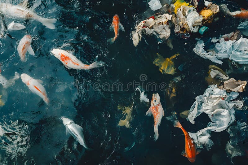 Koi Fish Swimming through Polluted Water Contaminated by Plastic Waste ...