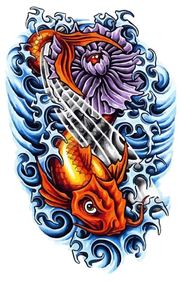 Koi Fish Tattoo Flash Set. Set of Labels and Elements. Vector Set ...