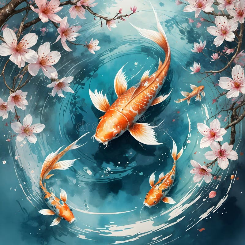 Koi Fish Under Cherry Blossom Tree 8000x8000px Stock Illustration ...