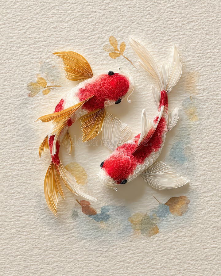 Koi Fish Yin Yang in Elegant Papercut Layer Style with Bold Red and Gold Textures, Casting Light ...