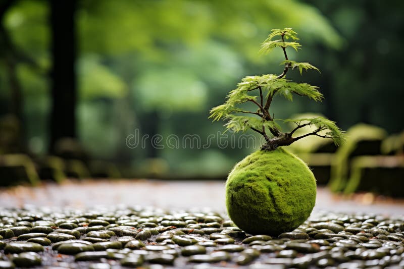 Kokedama, Moss Ball with a Tiny Bonsai Tree Stock Illustration ...