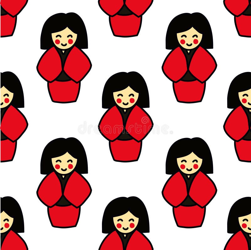 Kokeshi Japanese Doll Seamless Doodle Pattern, Vector Illustration ...