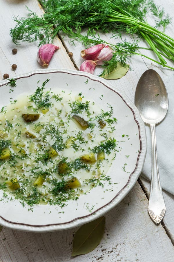 Kom Soep Met Ingelegde Komkommers Stock Afbeelding - Image of cursus ...