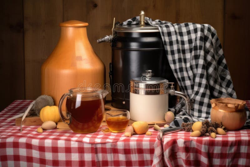 Kombucha Brewing Equipment on a Checkered Cloth Stock Image - Image of ...
