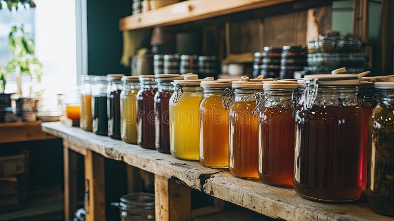 Kombucha Stand with Jars and Tasting Spoons. Stock Image - Image of ...