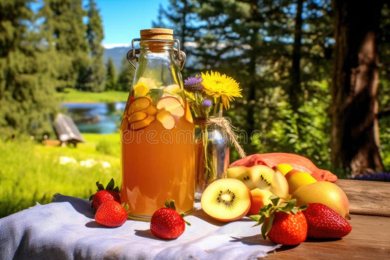 Kombucha Tea in a Bottle with a Fruit Garnish on Picnic Table Stock ...