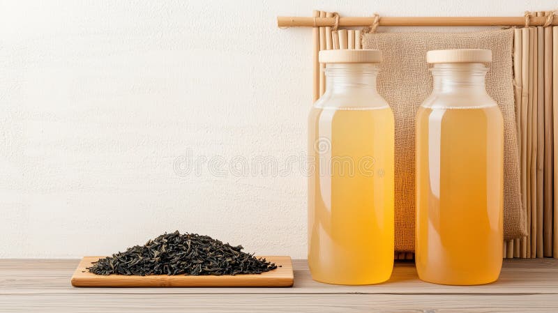 Kombucha Tea Brewing Setup with Two Glass Jars and Loose Tea Leaves ...