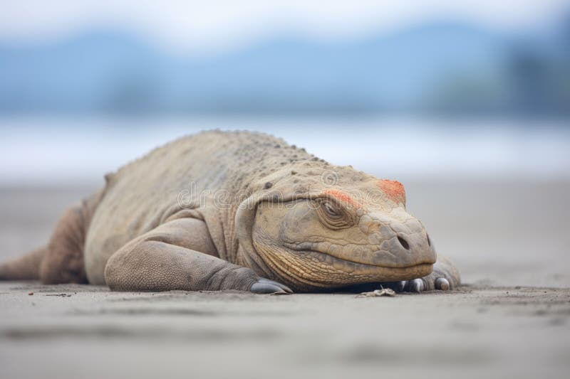 Komodo Dragon Resting in Shallow Sand Depression Stock Illustration ...