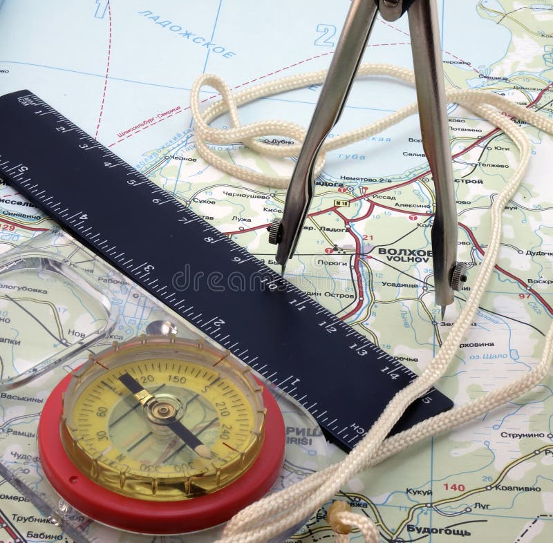 Compass on geography map stock image. Image of journey - 14506333
