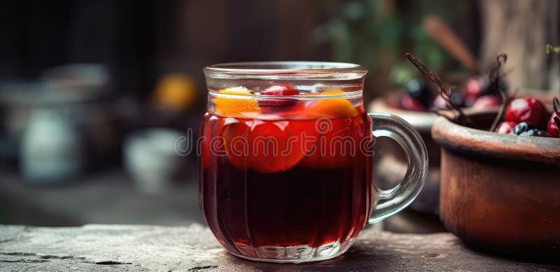 Kompot Fruit Drink on Stone Rustic Pub Ukrainian Dishes Wide Panoramic ...