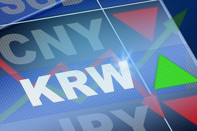 Korea Currency KRW on the Display Board with Green Arrow Up Stock ...