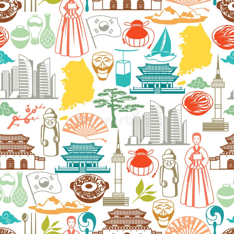 Korea Seamless Pattern. Korean Traditional Sticker Symbols and Objects ...