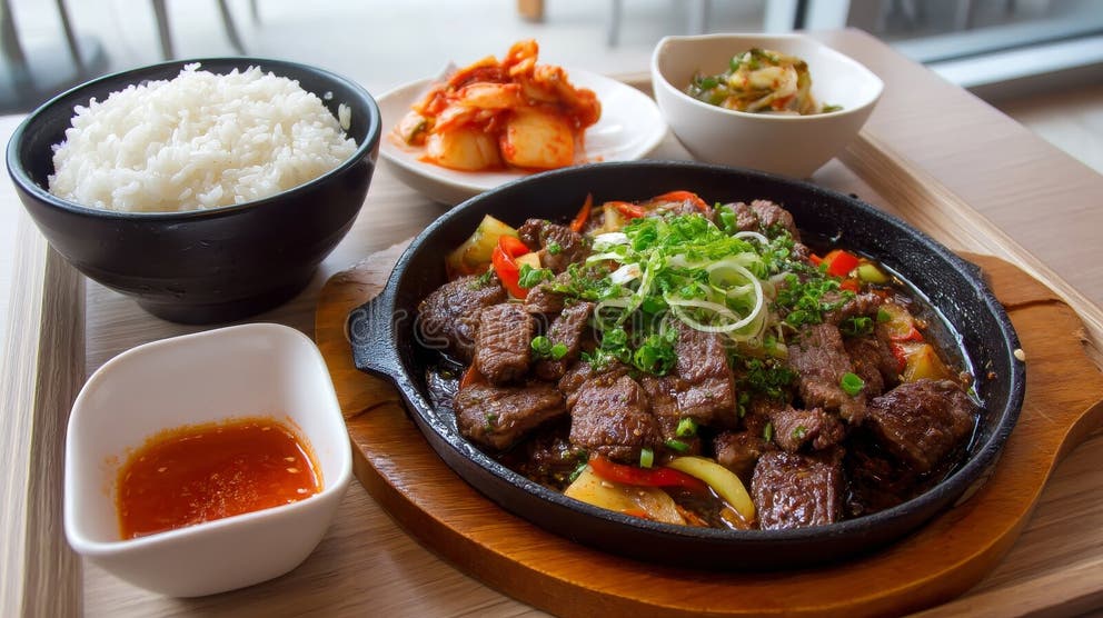 Korean Bbq Beef with Rice and Kimchi in a Restaurant Setting Stock ...