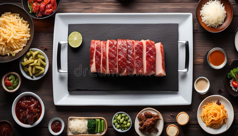 Korean BBQ Feast: a Table Spread with Slices of Beef, Various Sides ...