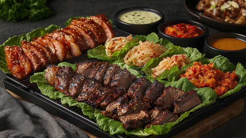Korean BBQ Platter, Restaurant, Dark Background Stock Photo - Image of ...