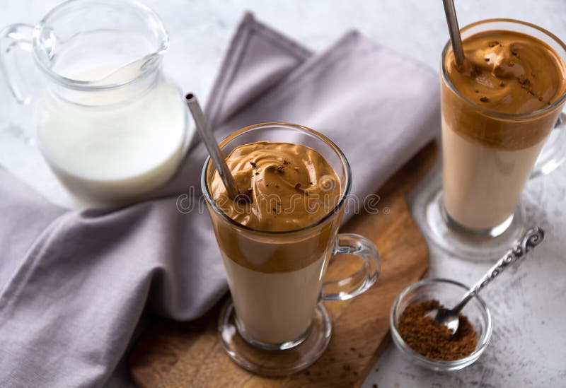 Korean Dalgon Coffee with Milk and Instant Coffee on a Light Background ...