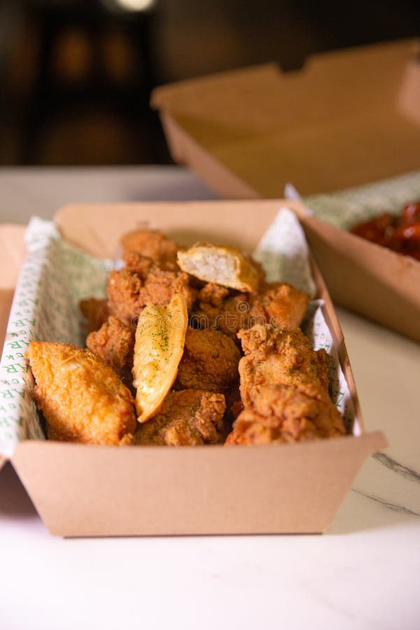 Korean Deep Dried Chicken in Paper Brown Take Out Box Stock Photo - Image of buttered, pepper ...