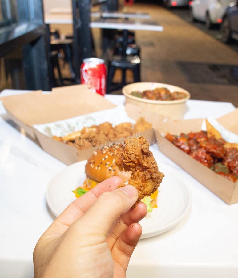 Korean Deep Dried Chicken in Paper Brown Take Out Box Stock Image ...