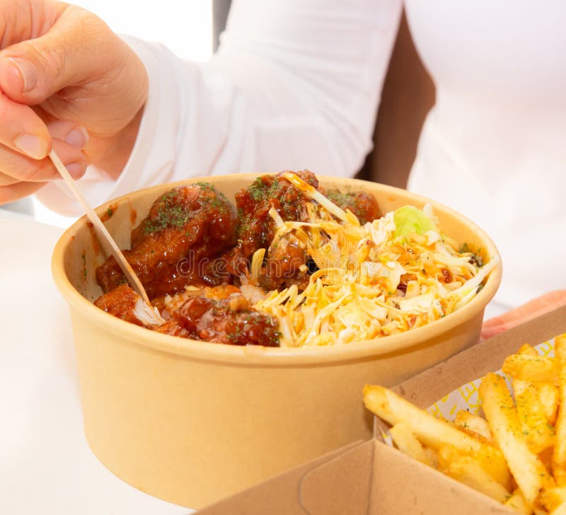 Korean Deep Fried Chicken on White Rice with Hot Spicy Sauce Stock ...