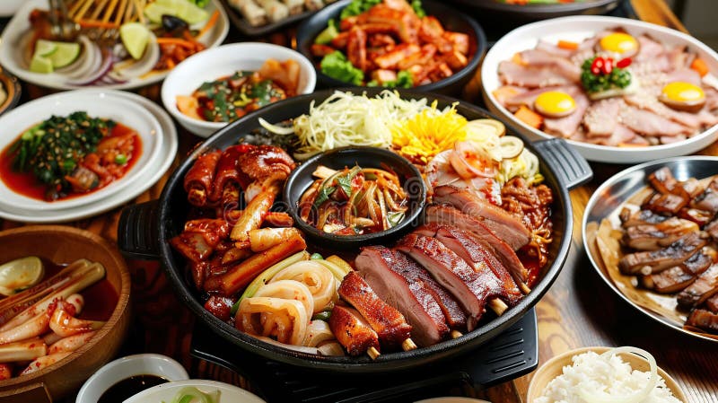 Korean Food Feast: a Table Spread with Diverse Dishes Stock ...