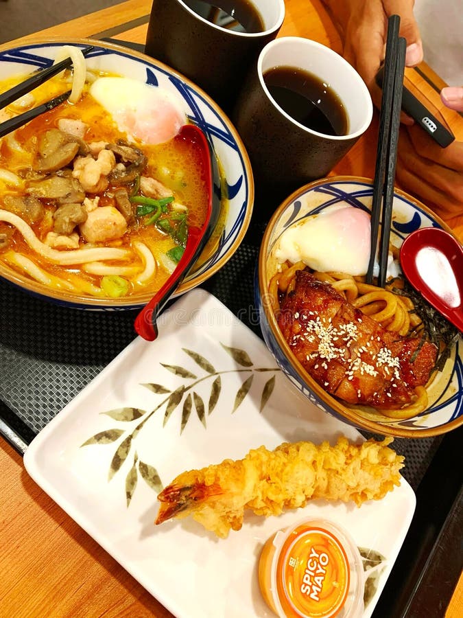 Korean Food Rameon and Fried Shrimp with Iced Tea Drink Stock Image ...