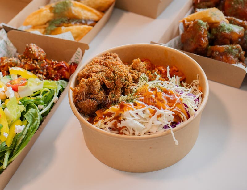 Korean Fried Chicken and Salad on Rice Bowl Stock Photo - Image of lamb ...