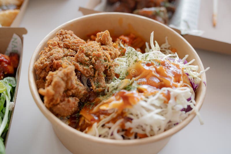 Korean Fried Chicken and Salad on Rice Bowl Stock Photo - Image of ...