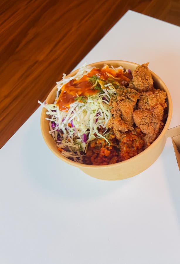 Korean Fried Chicken and Salad on Rice Bowl Stock Image - Image of ...