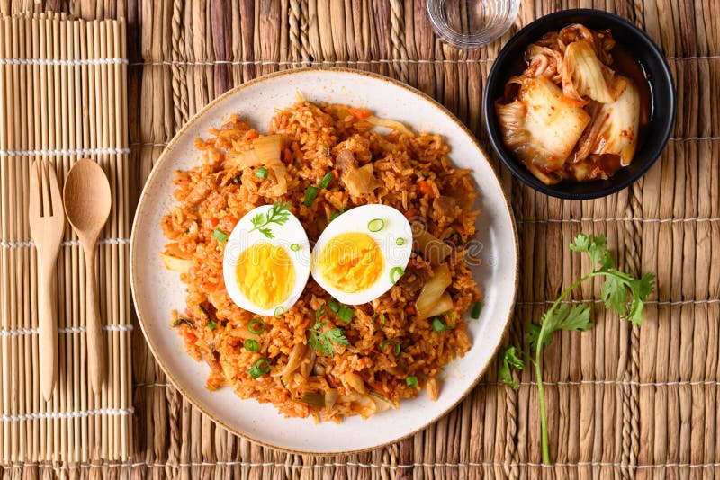 Korean Kimchi Fried Rice with Boiled Egg Stock Photo - Image of ...