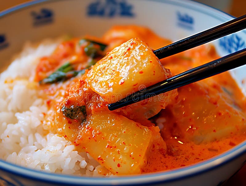 Korean Kimchi Stew Served Over Steamed Rice with Chopsticks Stock ...