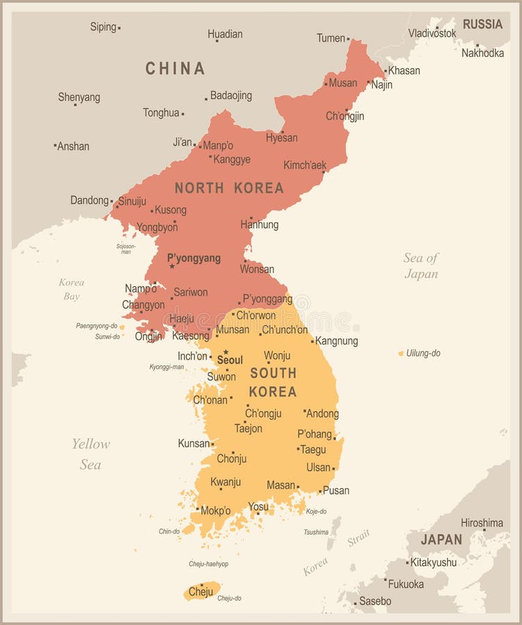 Korean Peninsula Map - Vintage Vector Illustration Stock Illustration ...