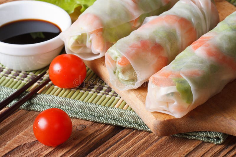 Korean Spring Rolls with Shrimp and Sauce on a Plate Horizontal Stock ...