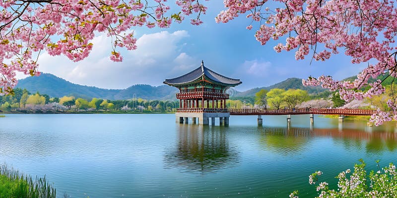 Korean Spring Serene Lake Cherry Blossoms and Traditional Pavilion ...