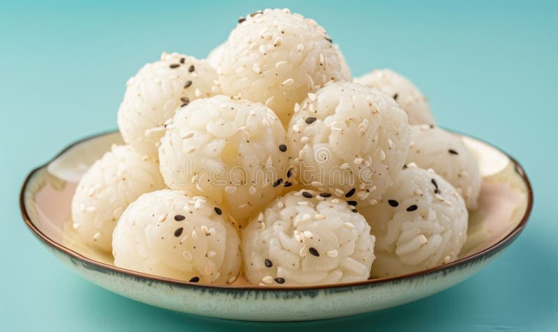 Korean Steamed Rice Cakes (tteok) on a Light Blue Background Stock ...