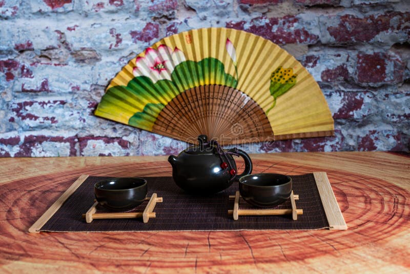 Korean Traditional Tea Set on a Brown Painted Bamboo Rug Stock Image ...