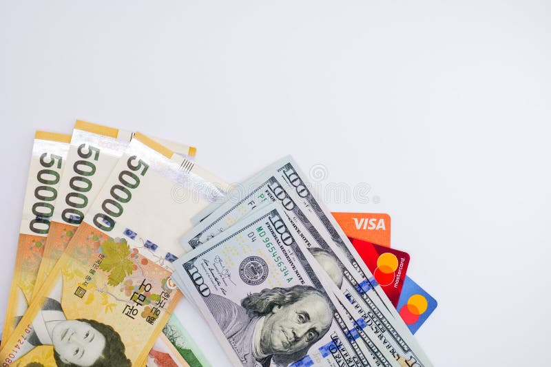 Korean Won and American Dollar and Credit Cards on White Editorial ...