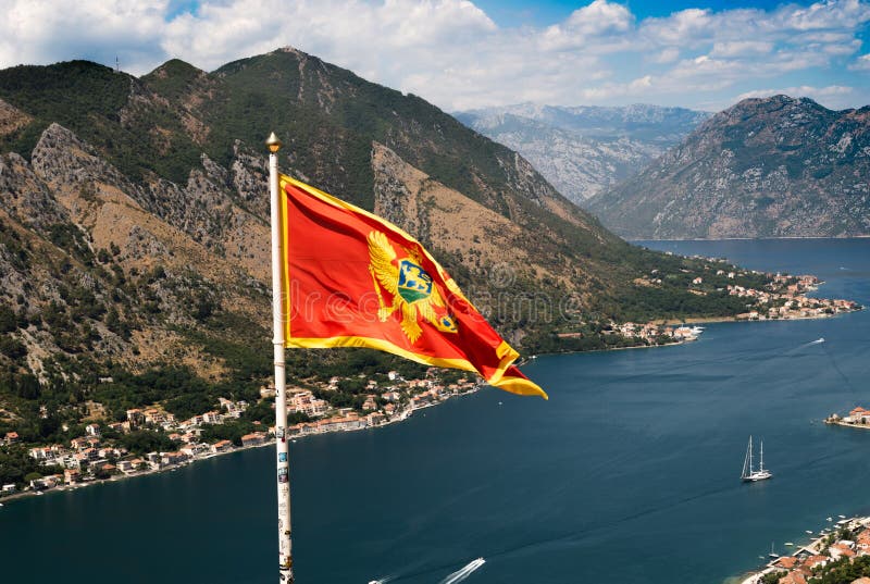Kotor. Bay of Kotor on the Background of the Flag of Montenegro Stock ...