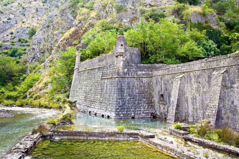 Kotor Old Town North Defensive Walls and Scurda River Stock Photo ...