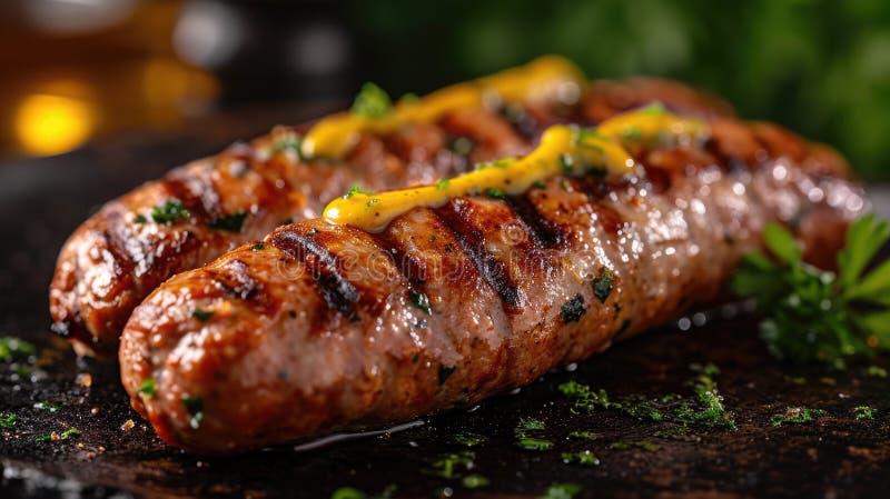 Kovbasa (Ukrainian Sausage), Sizzling with Grill Marks, Adorned with a ...