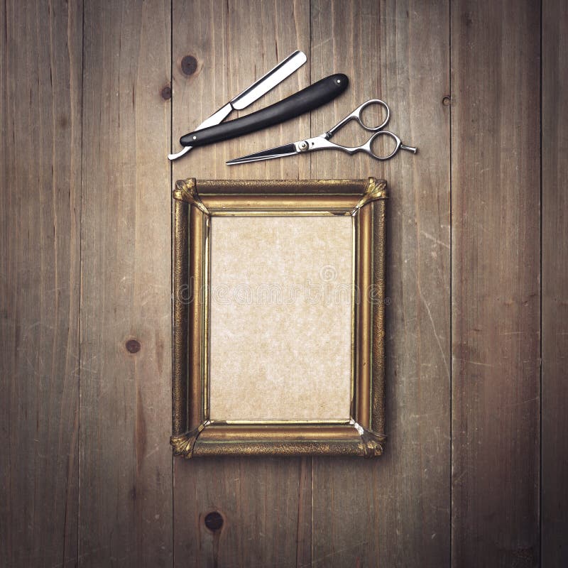 Kraft Canvas with a Vintage Frame and Barber Tools Stock Image - Image ...