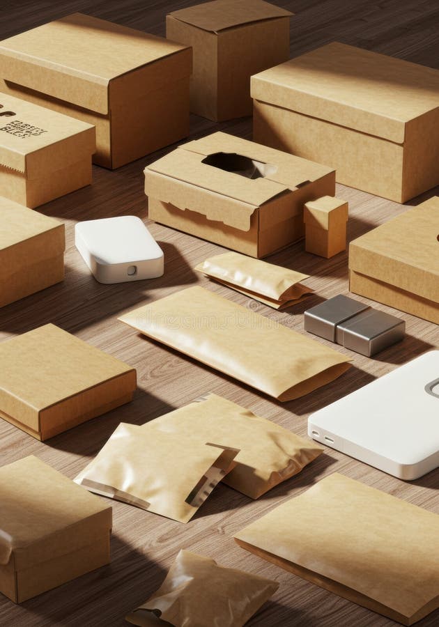 Kraft Cardboard Packaging Boxes and Envelopes on Wooden Surface Stock ...