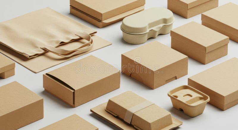 Kraft Cardboard Packaging Boxes and Tote Bag Stock Illustration ...