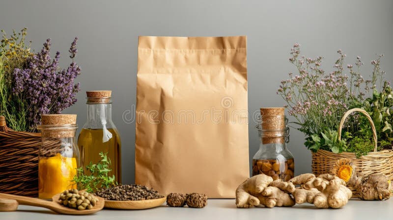 Kraft Paper Bag with Herbs and Spices in Rustic Still Life Arrangement ...