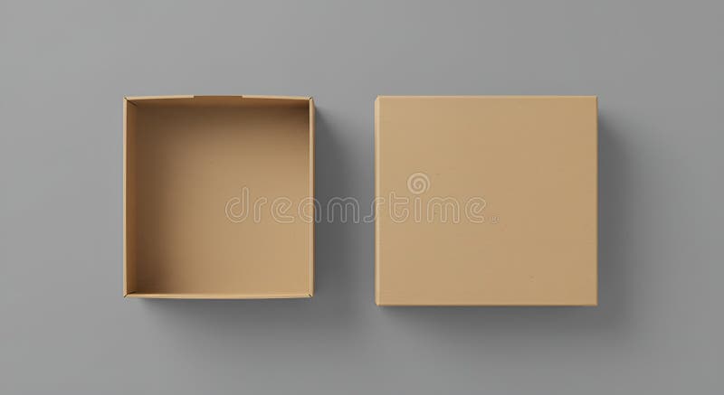 A Flat Kraft Paper Box with Lid Half Open, Isolated on Soft Grey ...