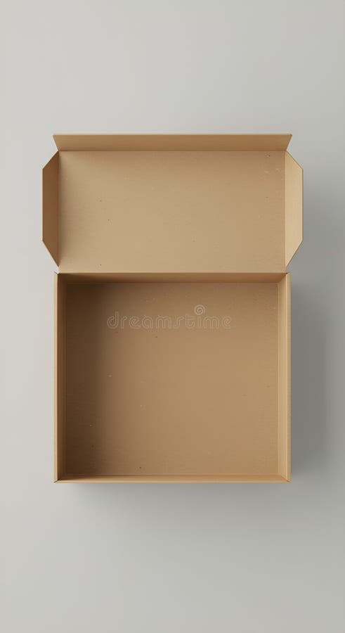 A Flat Kraft Paper Box with Lid Half Open, Isolated on Soft Grey ...