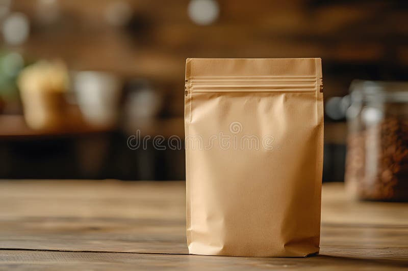 Kraft Paper Coffee Pouch with Coffee Beans and Cup Rustic Cafe Setting ...