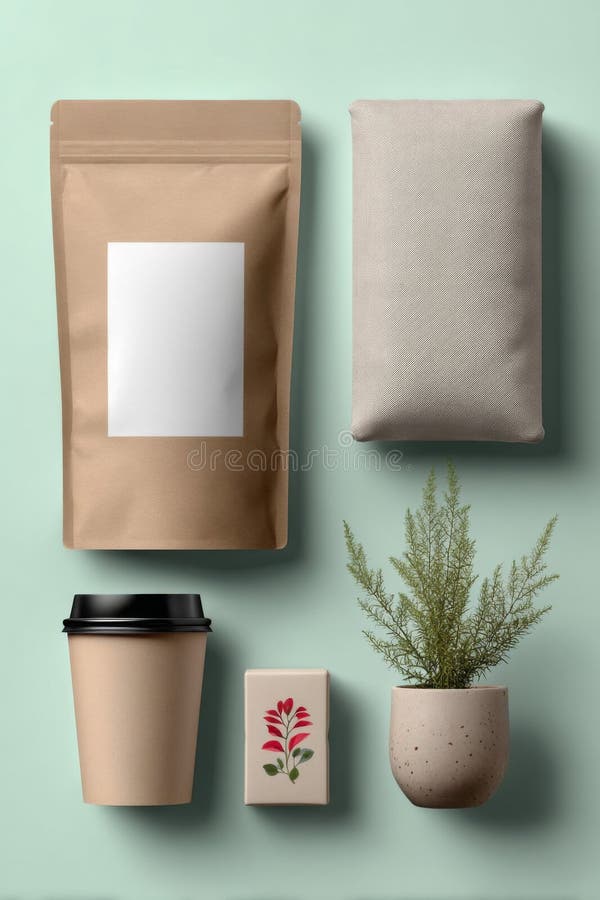 Kraft Paper Packaging Mockup with Plant and Box Stock Illustration ...