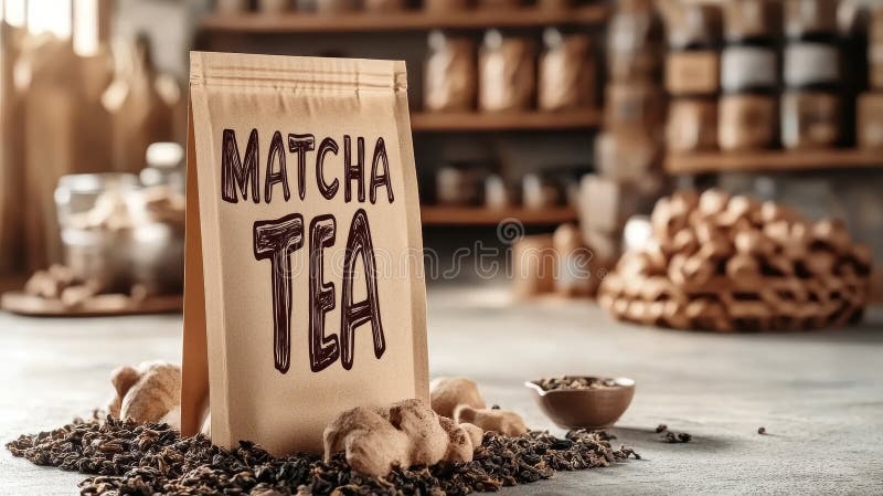 Kraft Paper Pouch of Matcha Tea on Gray Table, Surrounded by Ginger ...