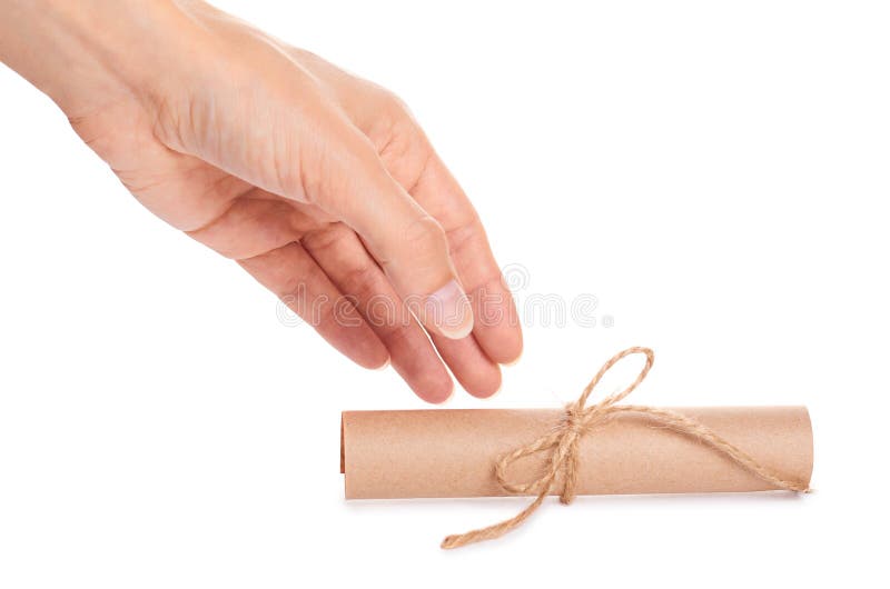 Kraft Paper Scroll in Hand Isolated on White Background Stock Photo ...