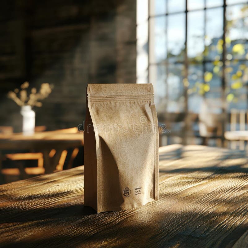 Kraft Paper Stand Up Pouch Mockup on Wooden Table Stock Illustration ...